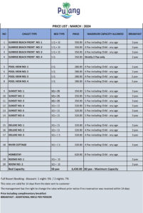 Price List – Pulang Resort