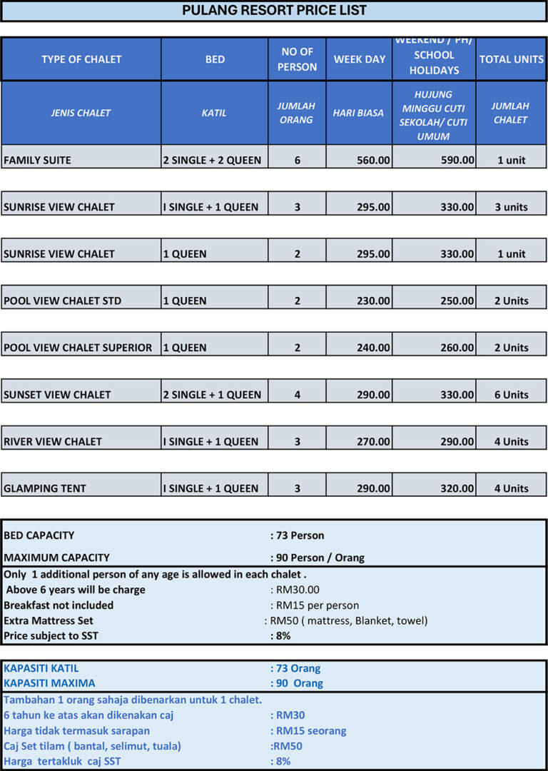 Price List – Pulang Resort